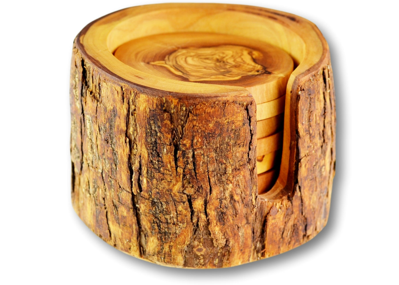 Olive wood set of 6 Coasters in Rustic Holder | MR OLIVEWOOD® – MR ...