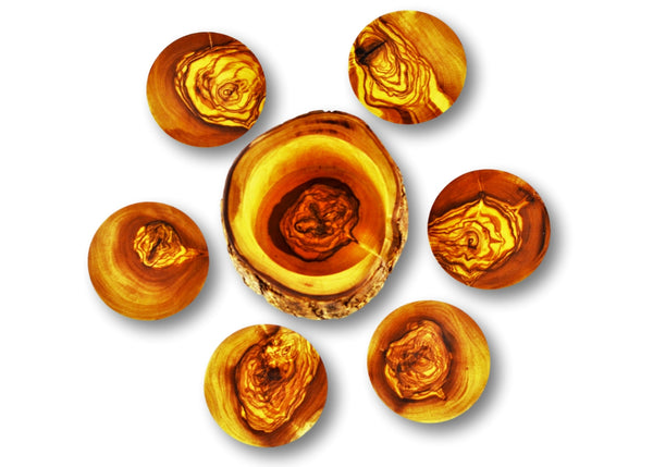 Olive wood set of 6 Coasters in Rustic Holder | MR OLIVEWOOD® – MR ...